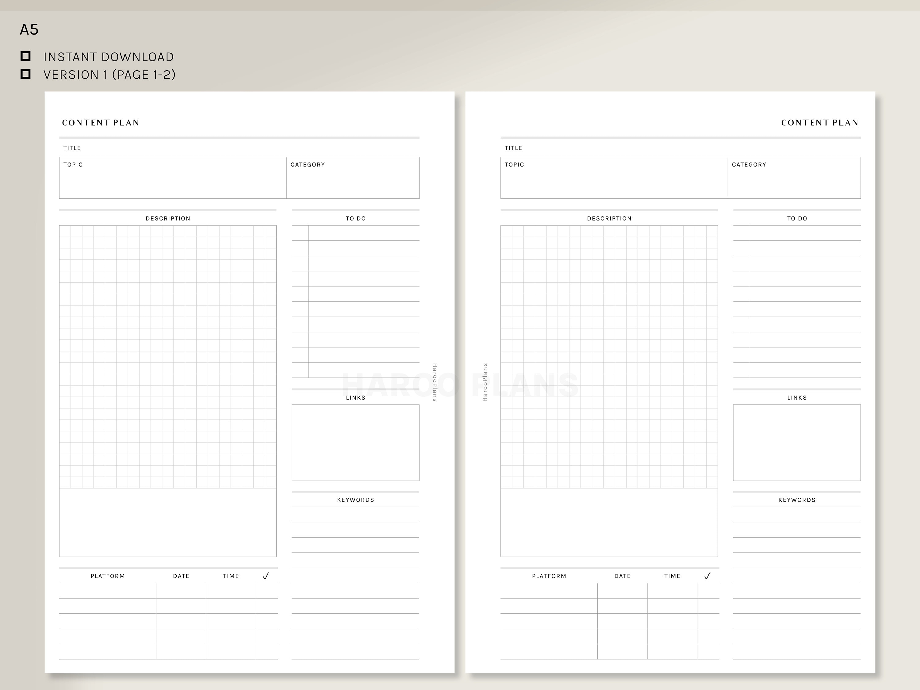 Content Planner | A5 Printable Inserts | Social Media Posting Template ...