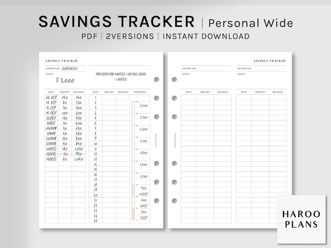 Savings Tracker | Personal Wide Size Printable Planner Inserts | Financial Journal Template ...