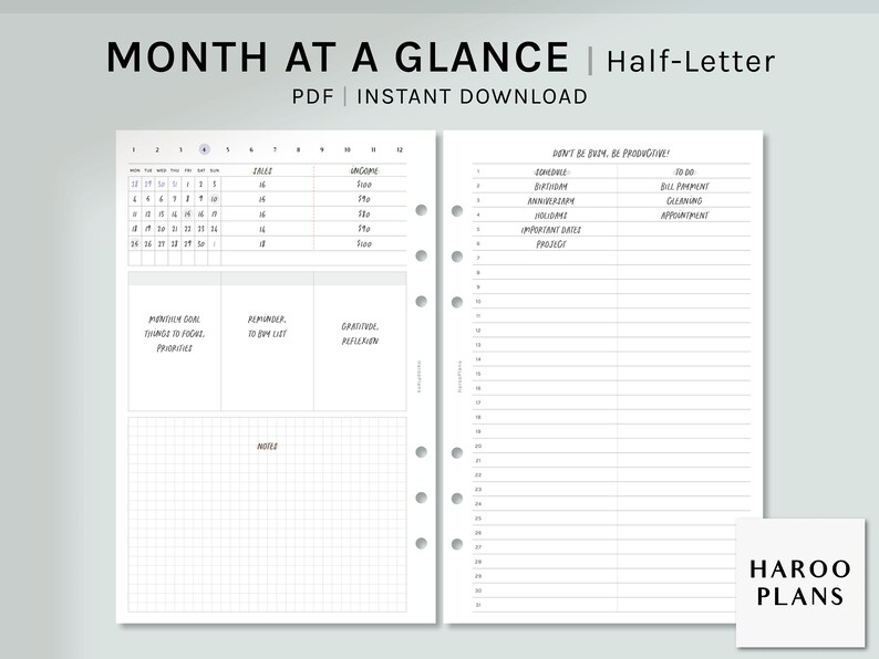 Month at a Glance | Half-letter Printable Planner Inserts | Undated ...