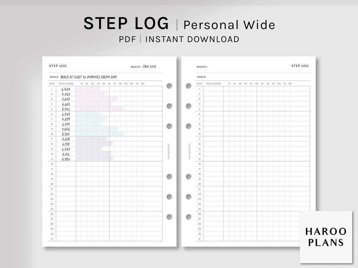 Step Log | Personal Wide Printable Planner Inserts | Health Journal ...