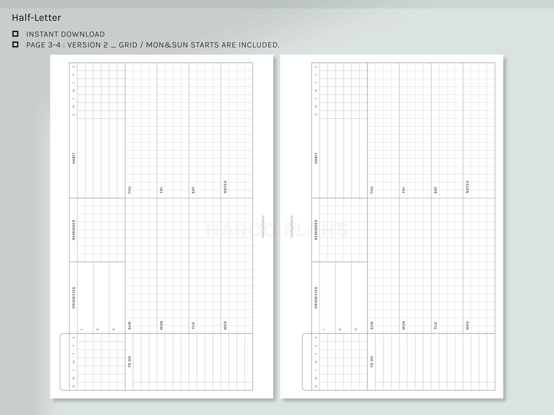 Undated Weekly Half-letter Printable Planner Inserts WO1P - Etsy
