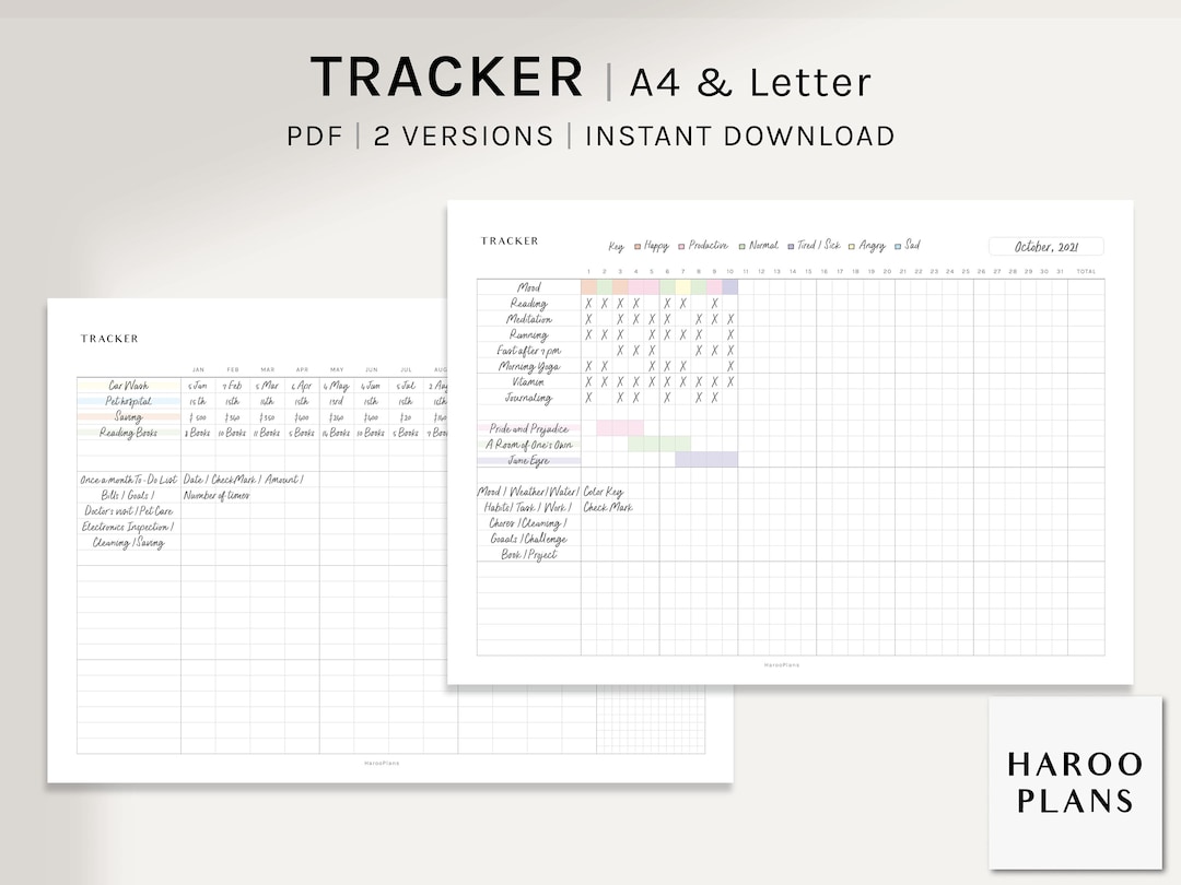 Monthly Tracker | A4, US Letter Printable Planner Inserts | Habit Bills ...