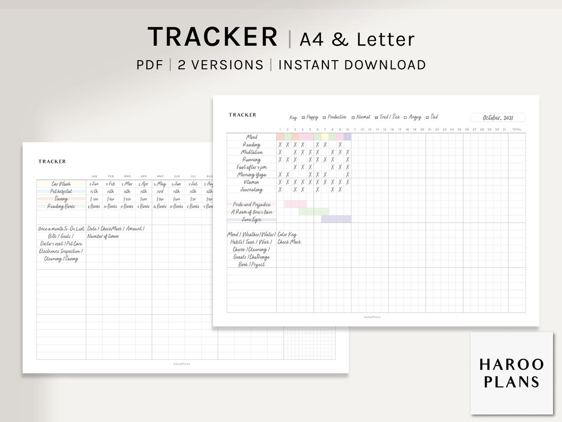 Monthly Tracker | A4, US Letter Printable Planner Inserts | Habit Bills ...