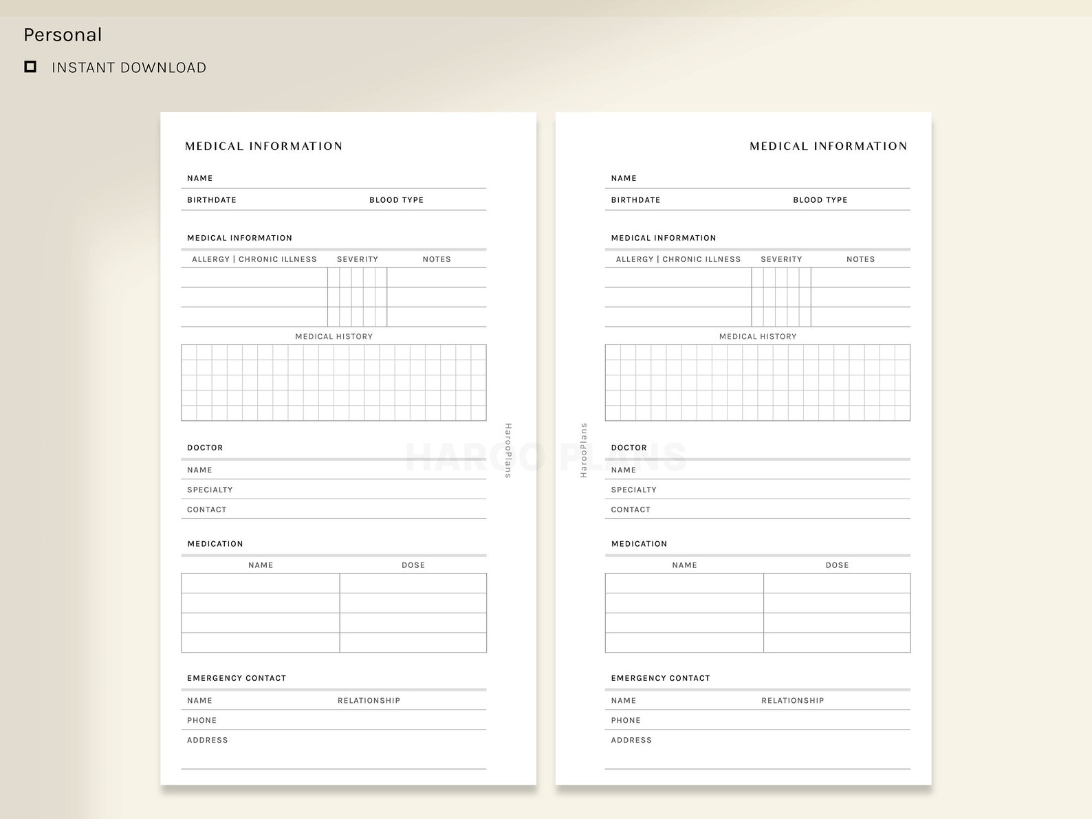 Medical Information | Personal Size Printable Planner Inserts | Simple ...