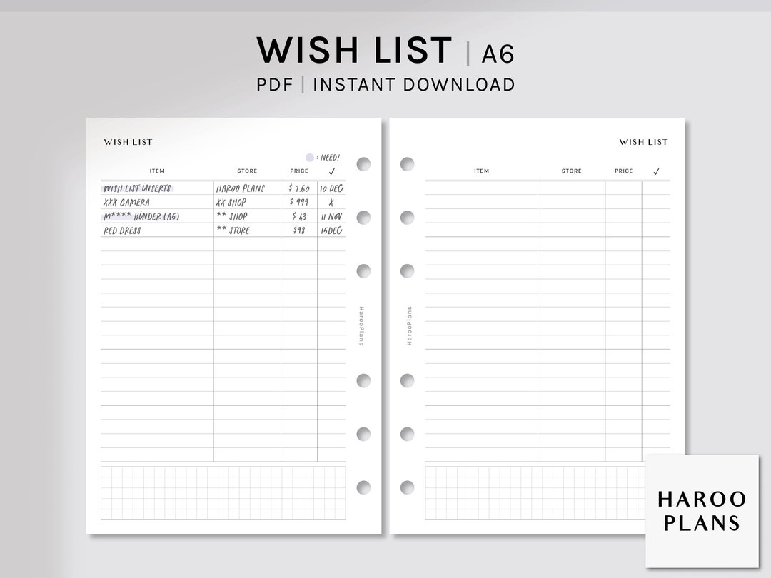 Wish List | A6 Size Printable Planner Inserts | Wishlist Template ...