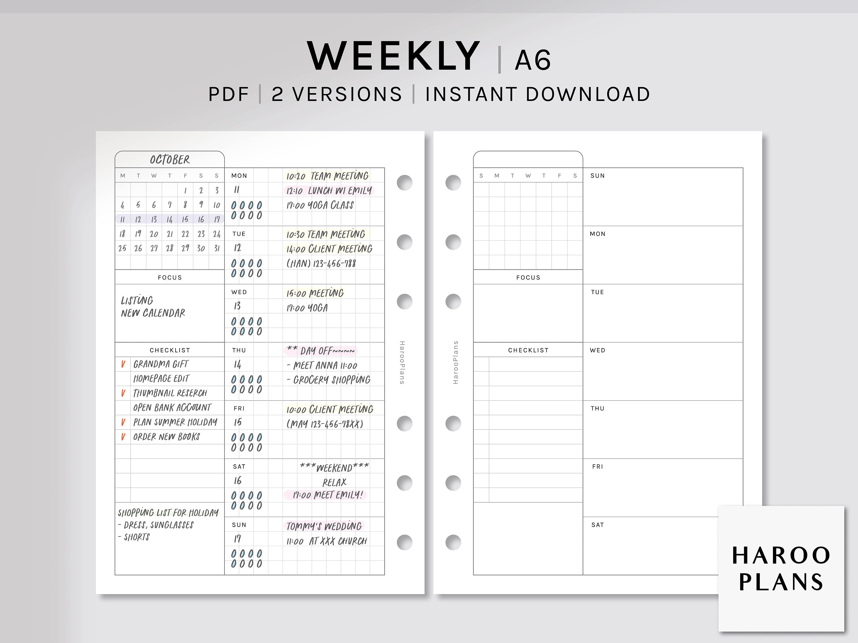 Undated Weekly A6 Printable Planner Inserts WO1P Schedule - Etsy