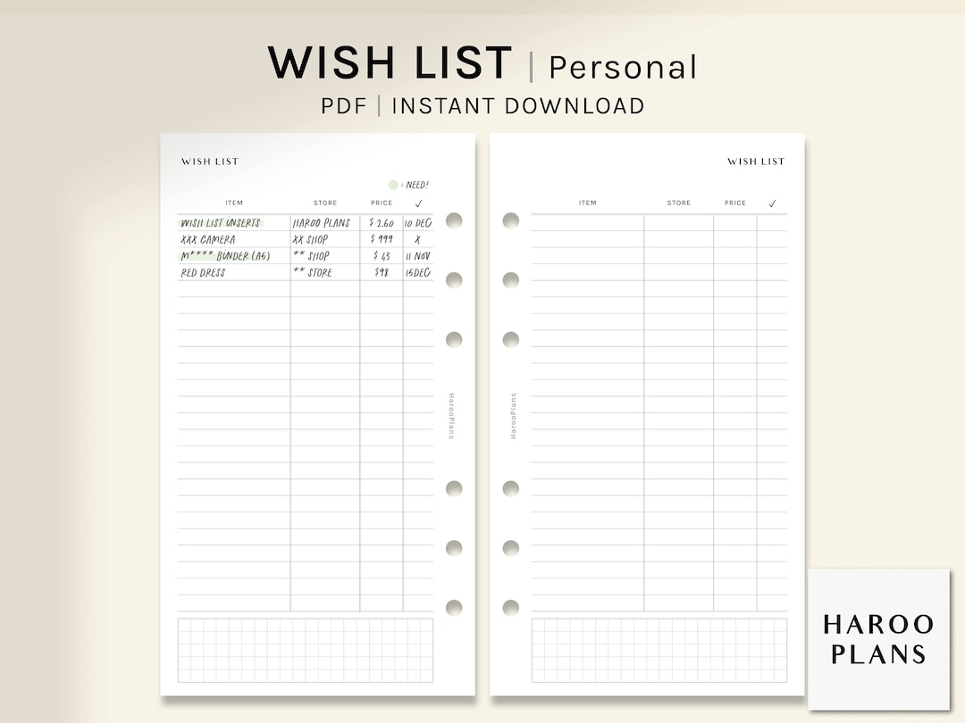 Wish List | Personal Printable Planner Inserts | Wishlist Template ...
