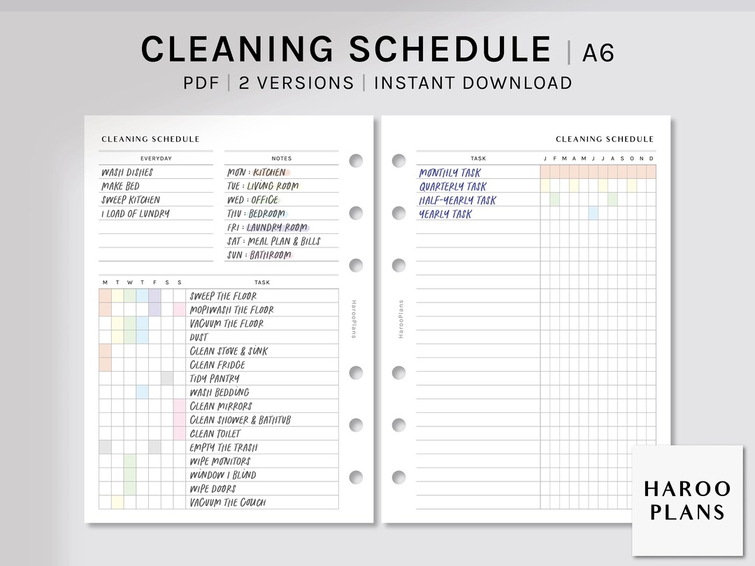 Cleaning Schedule A6 Printable Planner Inserts Housekeeping Routine ...