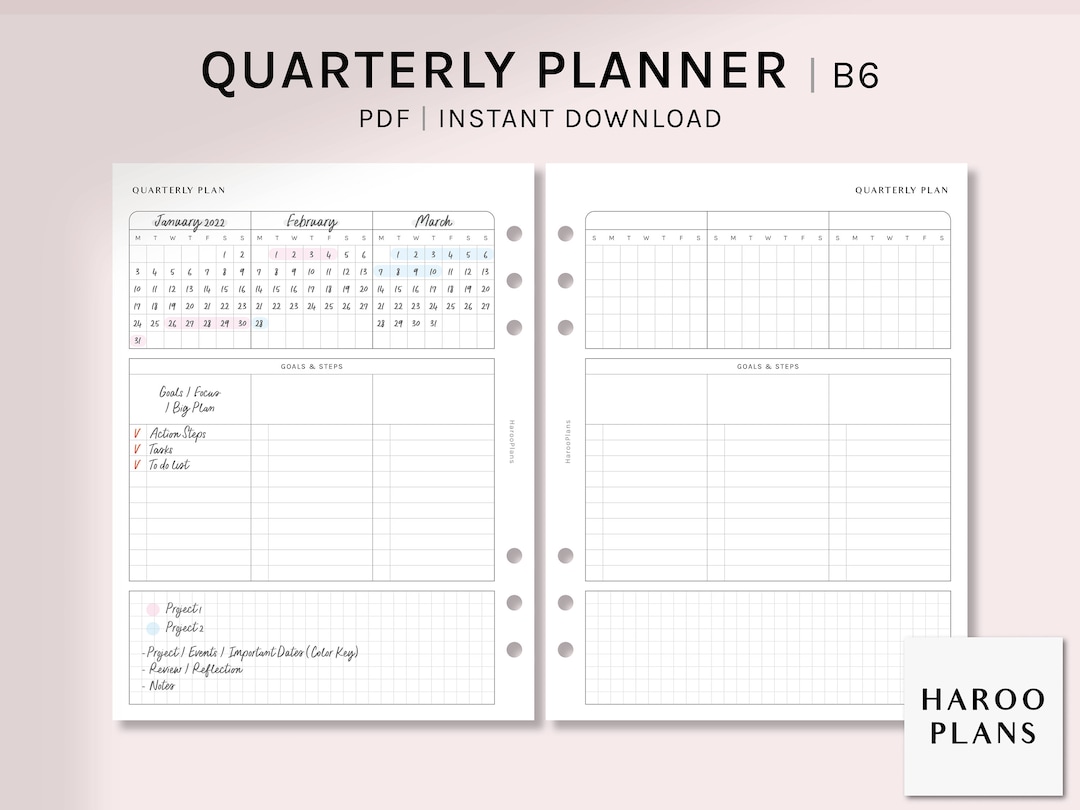 Quarterly Planner | B6 Ring Printable Inserts | Monthly Goal Organizer ...