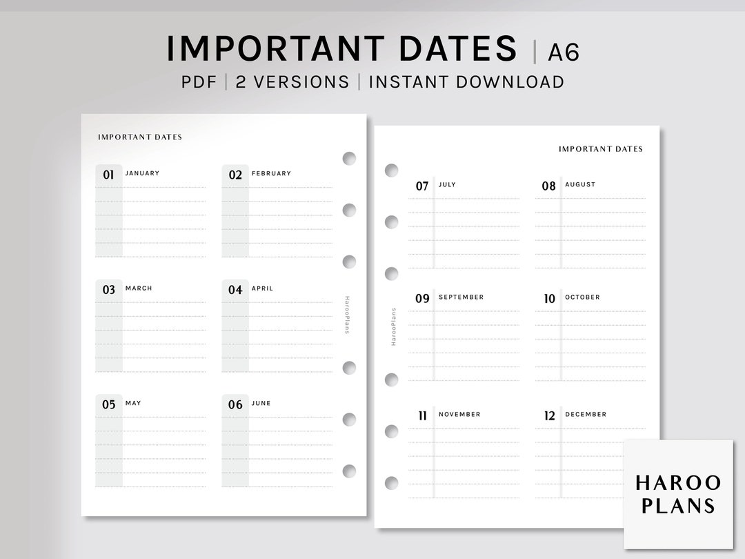 Important Dates | A6 Ring | Printable Planner Inserts | 2 Versions ...