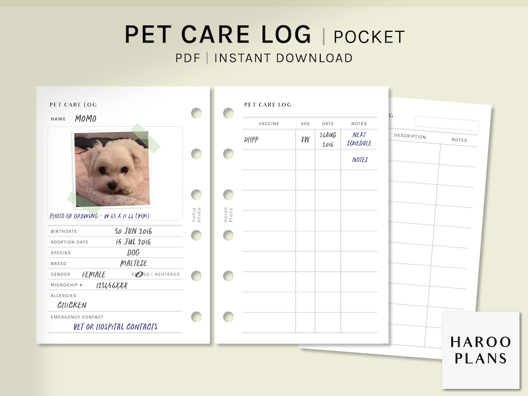 Pet Care Log | Pocket Size Printable Planner Inserts | Animal Profile ...