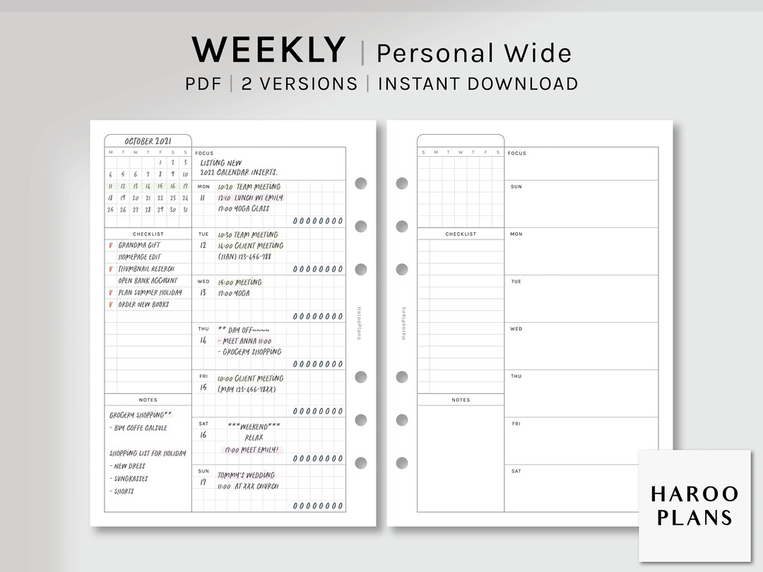 Undated Weekly | Personal Wide Printable Planner Inserts | WO1P ...