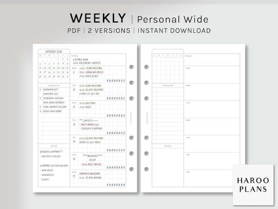 Undated Weekly Personal Wide Printable Planner Inserts | Etsy
