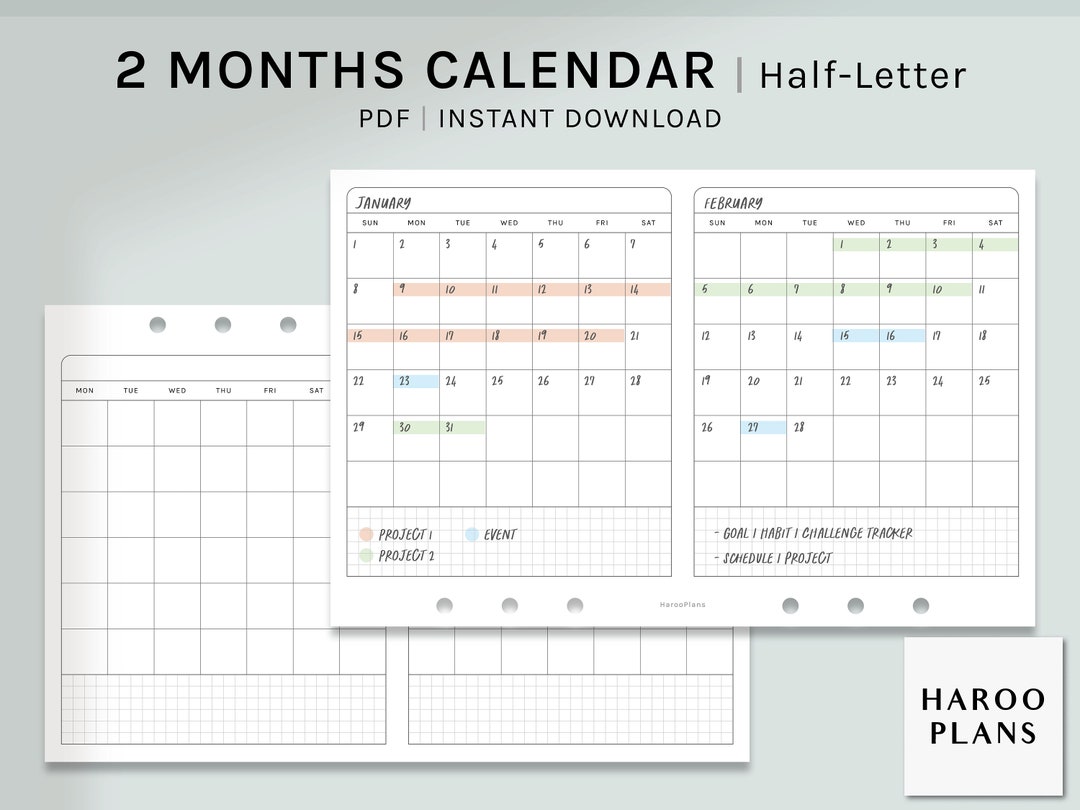 2 Month Calendar | Half-letter Size Printable Planner Inserts | Two ...