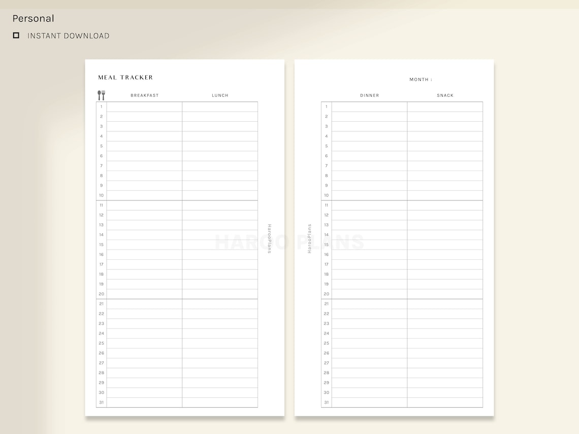 Monthly Meal Tracker Personal Printable Planner Inserts | Etsy