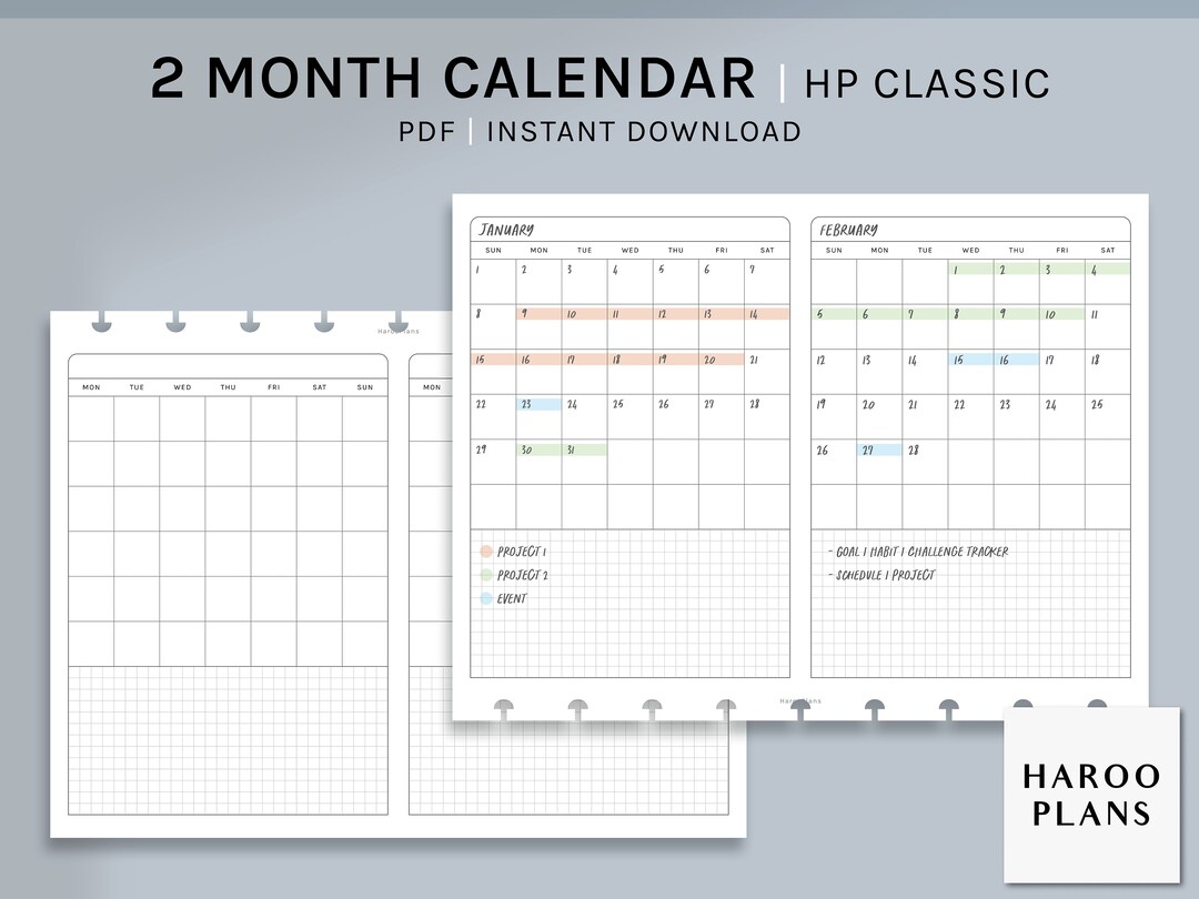 2 Month Calendar | HP Classic Printable Happy Planner Inserts | Two ...