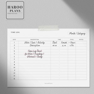 Time Log | A6 Rings Printable Planner Inserts | Work Activity Study ...