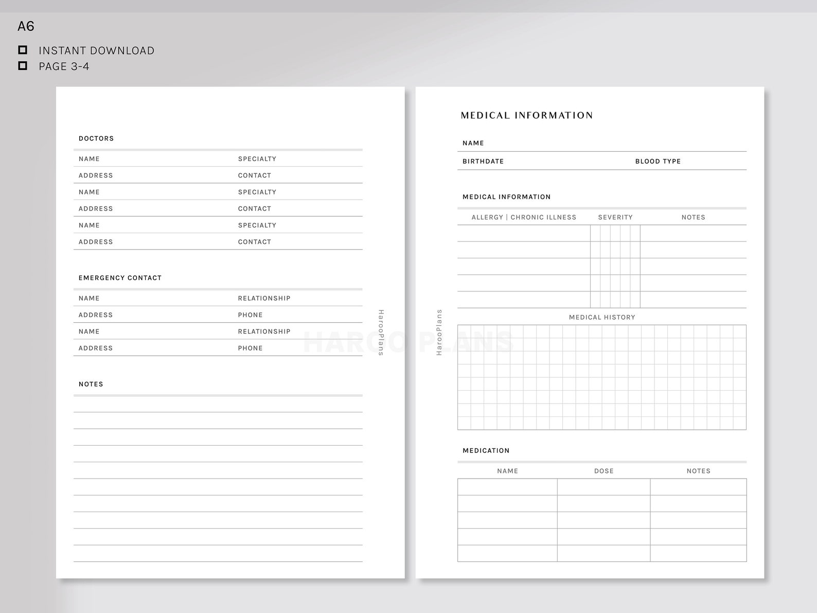 Medical Information Sheet A6 Printable Planner Inserts - Etsy
