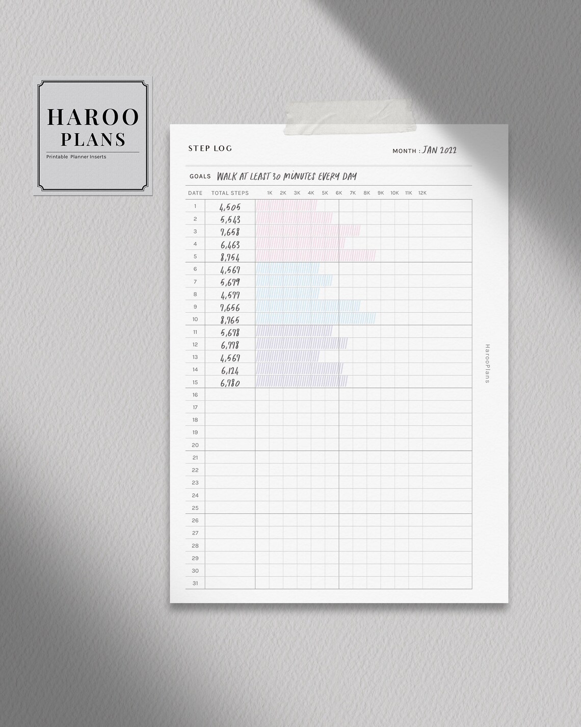 Step Log | Personal Wide Printable Planner Inserts | Health Journal ...