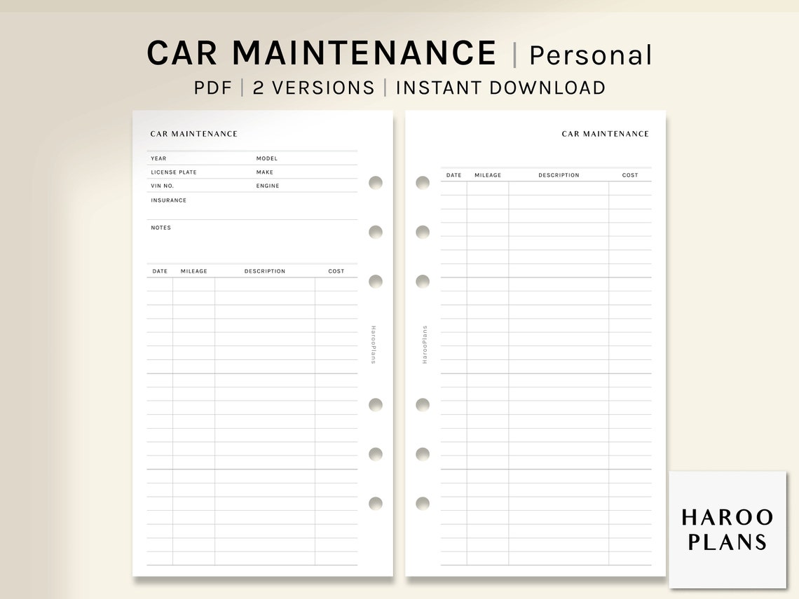 Car Maintenance | Personal Size Printable Planner Inserts | Auto Repair ...