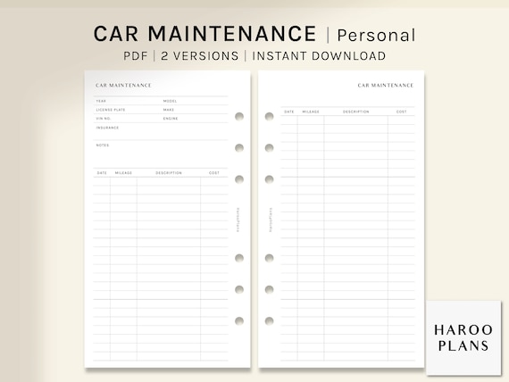 Car Maintenance Personal Size Printable Planner Inserts - Etsy