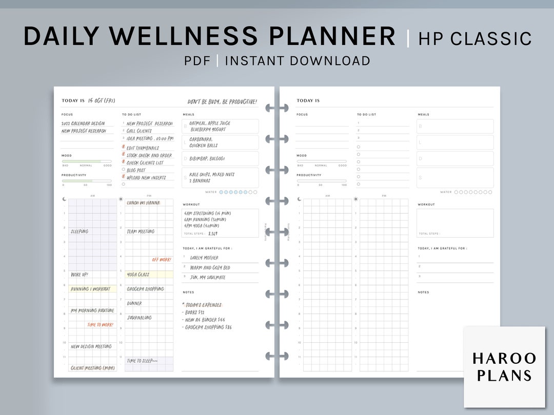 Daily Wellness Planner | HP Classic Printable Inserts | Simple Schedule ...