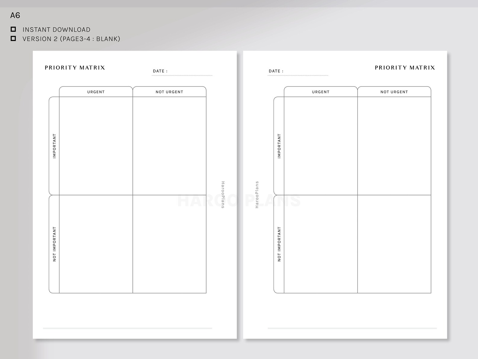 Priority Matrix A6 Printable Planner Inserts Urgent Important