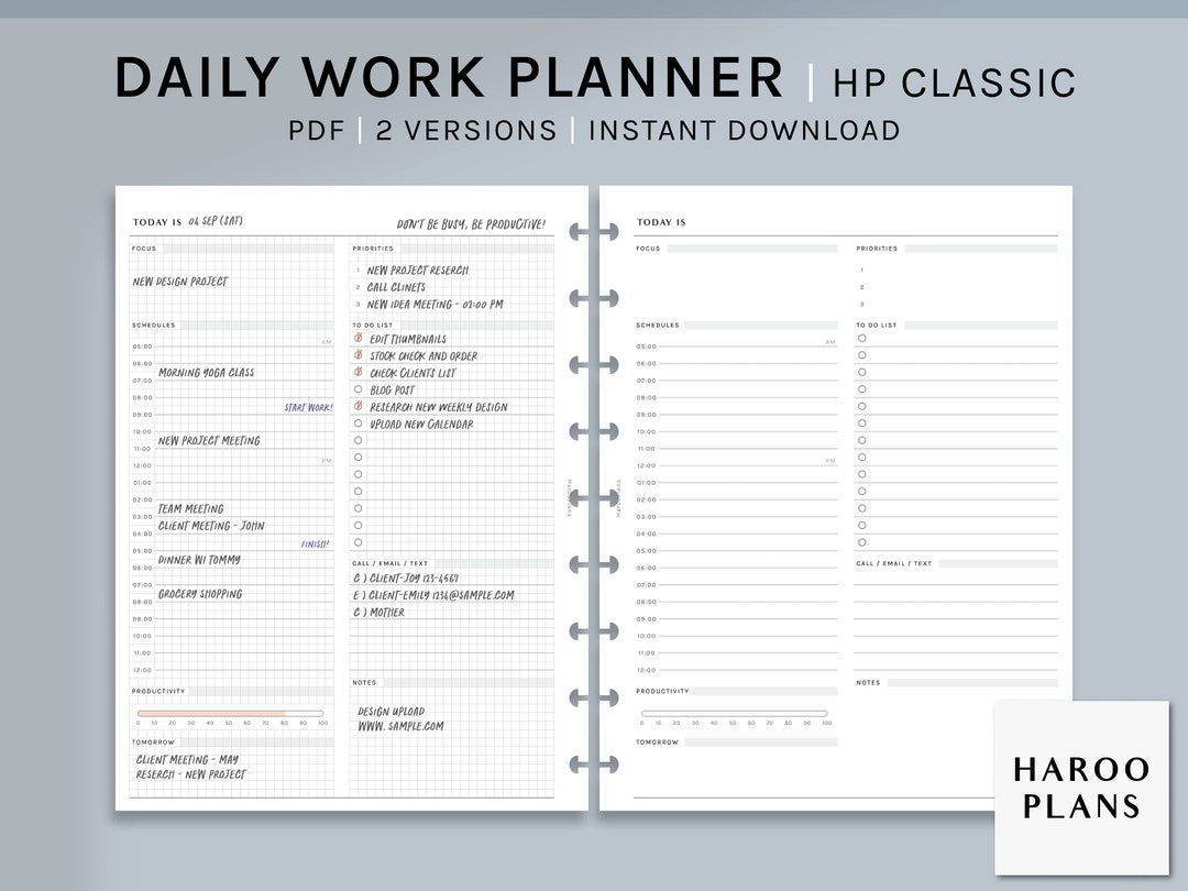 Daily Work Planner | HP Classic Printable Inserts | Productivity ...