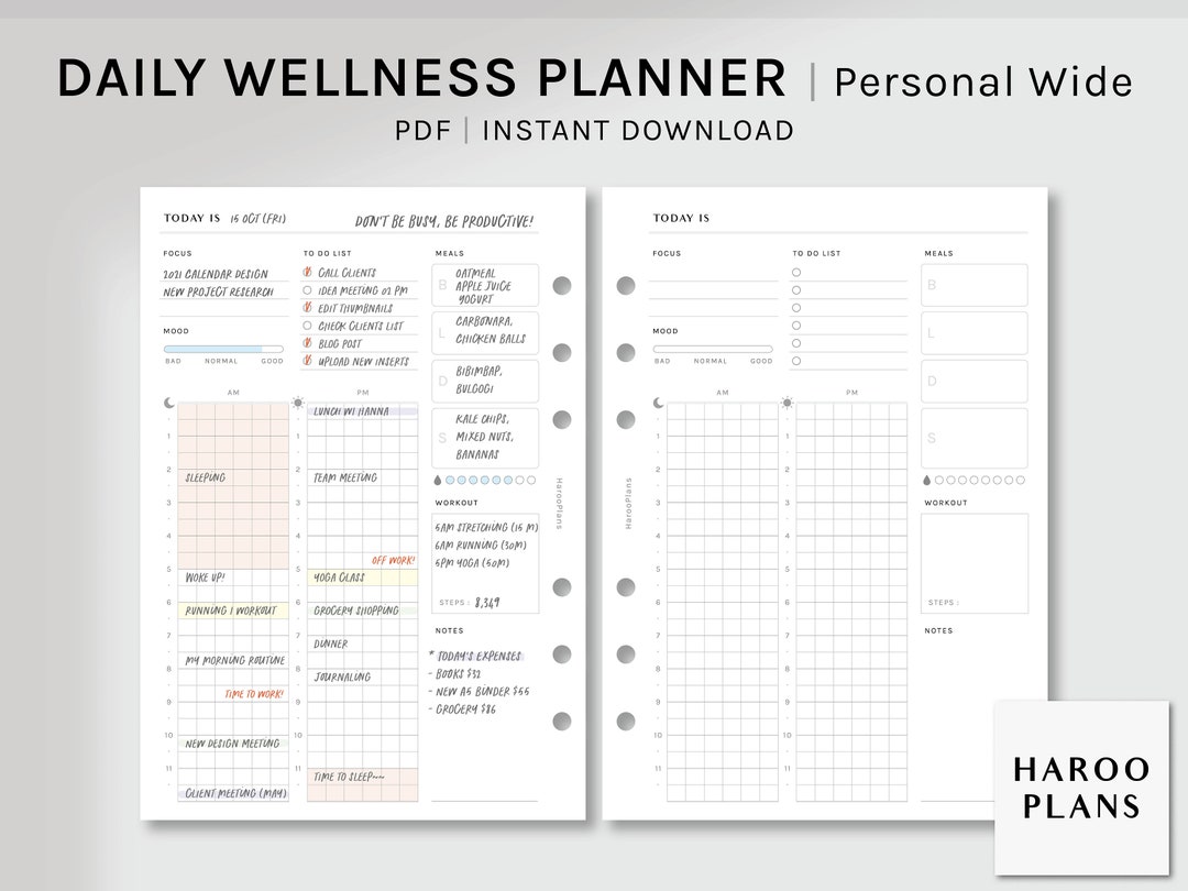 Daily Wellness Planner | Personal Wide Printable Inserts | Day Schedule ...