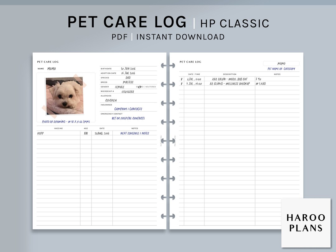 Pet Care Log | HP Classic Printable Happy Planner Inserts | Animal ...