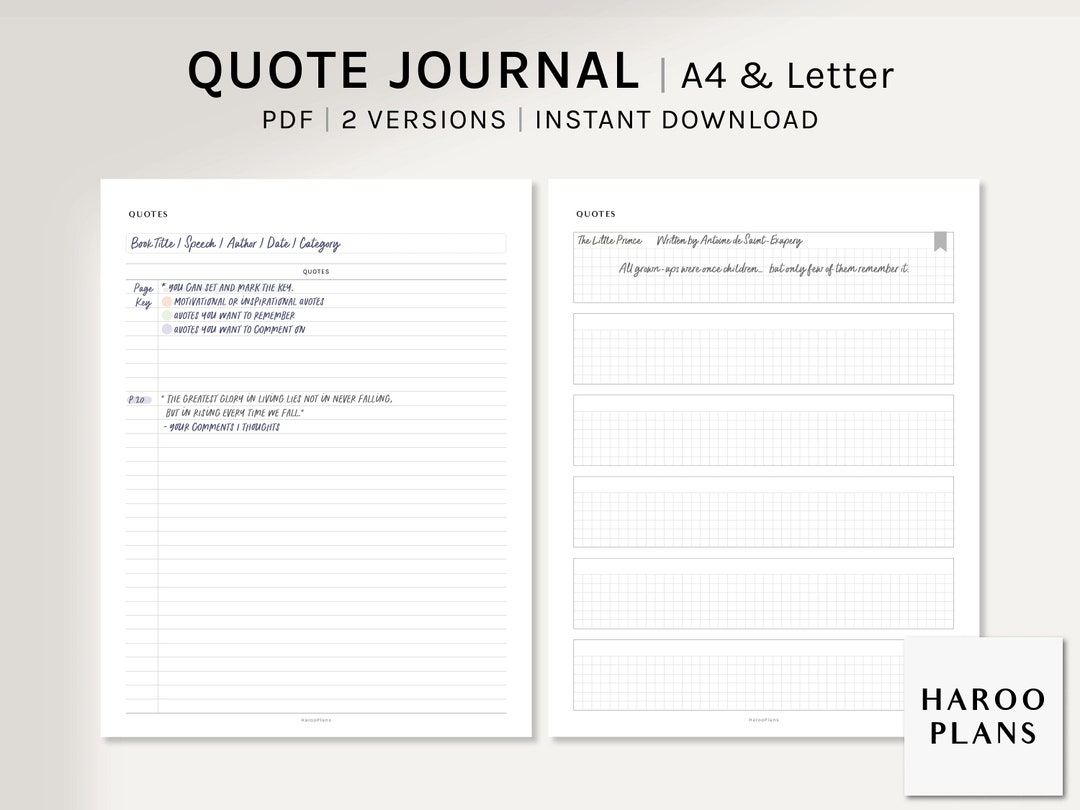Quotes Journal | A4, US Letter Printable Planner Inserts | Reading ...