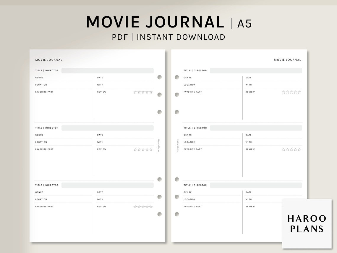 Movie Journal Printable Inserts | A5 | Film Journal Template PDF ...