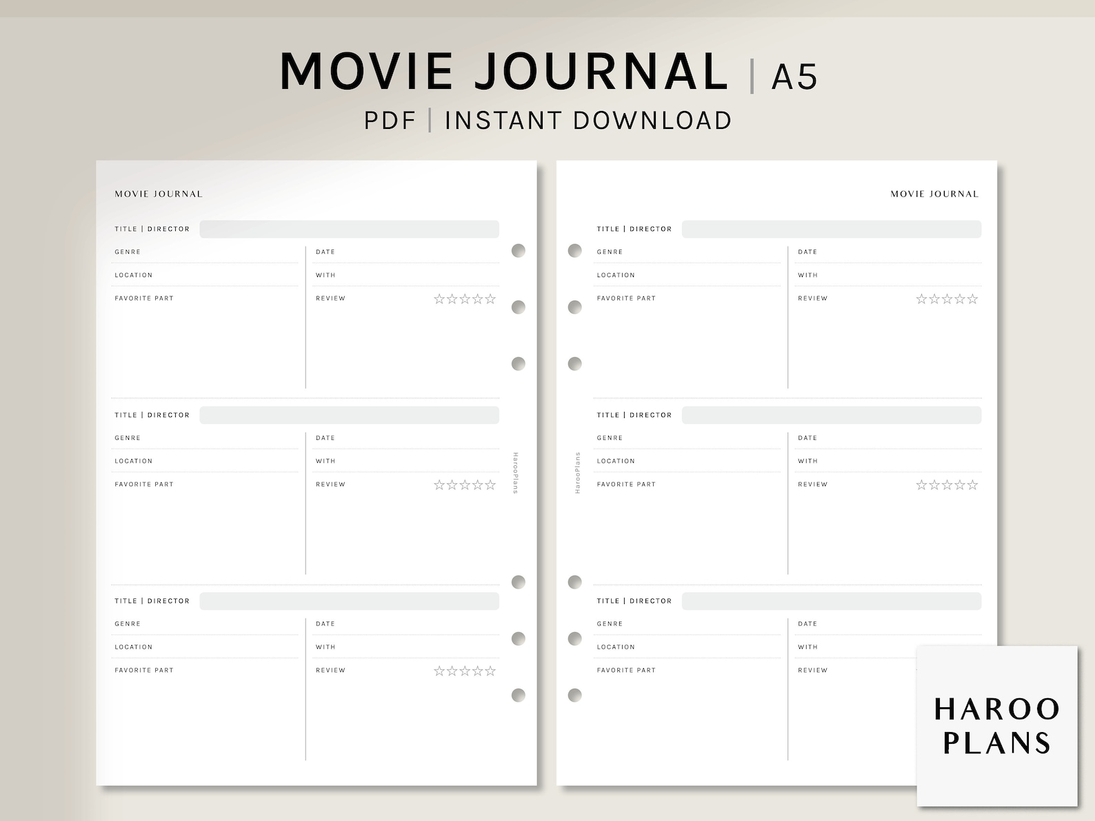 Movie Journal Printable Inserts | A5 | Film Journal Template PDF ...