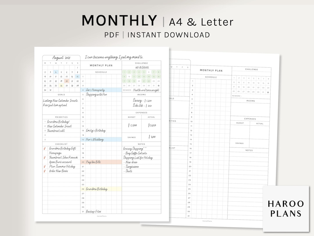 Monthly Planner | A4, US Letter Printable Inserts | Monthly Overview ...