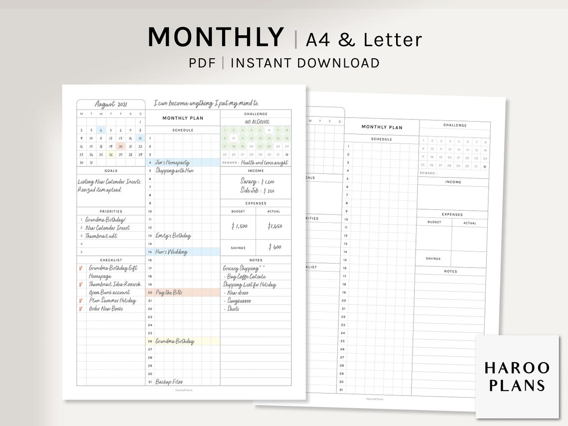 Monthly Planner | A4, US Letter Printable Inserts | Monthly Overview ...