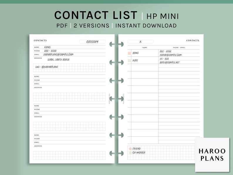 Contact List | HP Mini Printable Happy Planner Inserts | Phone Number ...