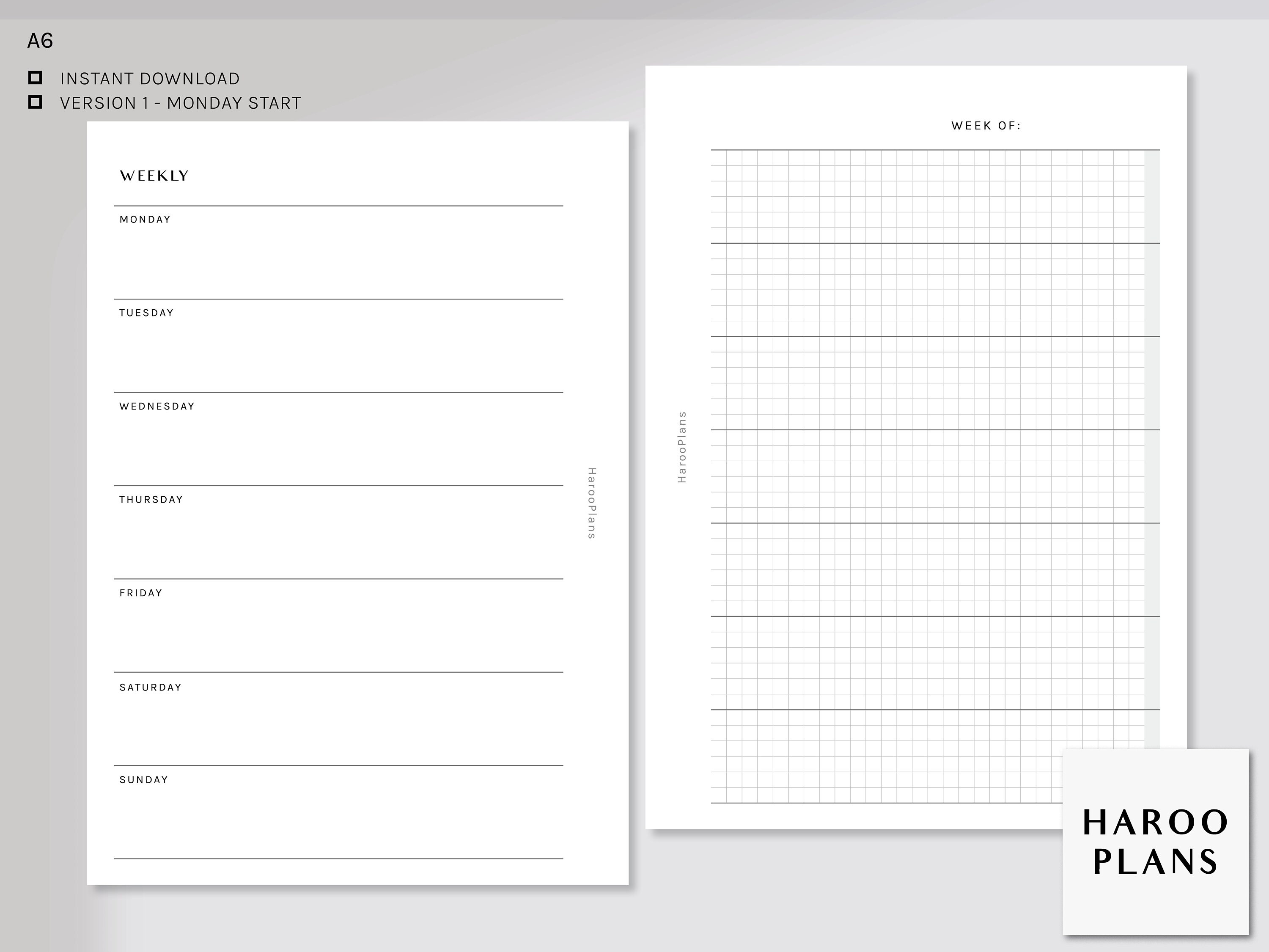 Undated Weekly | A6 | Printable Planner Inserts | WO1P Layout With Grid ...