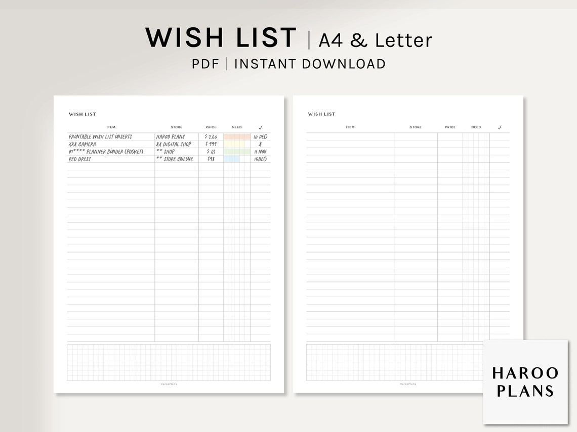 Wish List A4 US Letter Printable Planner Inserts Wishlist - Etsy