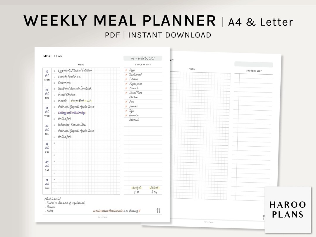 Meal Plan With Grocery List | A4, US Letter Printable Planner Inserts ...
