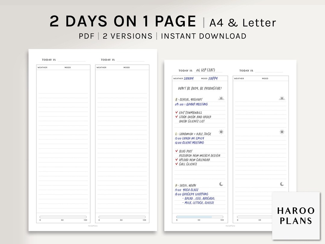 2 Days on 1 Page | A4, US Letter Printable Planner Inserts | Daily ...