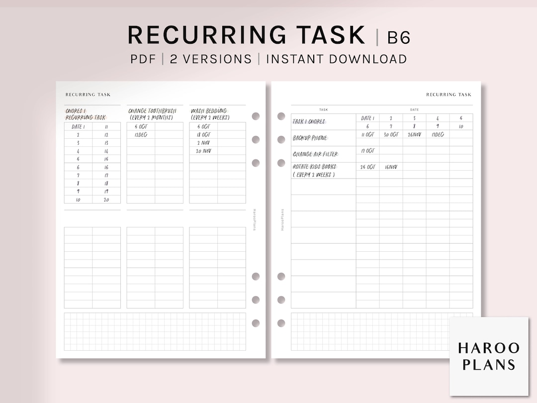 Recurring Task Log | B6 Rings Printable Planner Inserts | Chores Tracker Template | When Did I ...