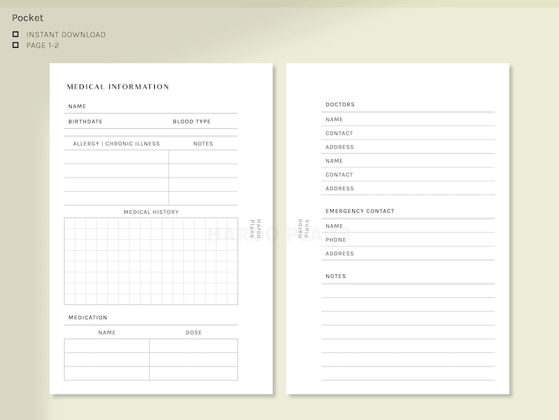Medical Information | Pocket Rings Printable Planner Inserts | Simple ...