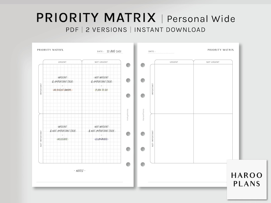 Priority Matrix | Personal Wide Printable Planner Inserts | Urgent ...