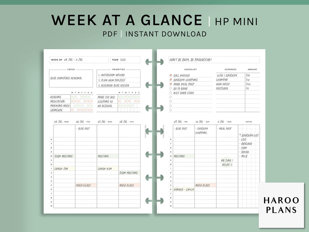 Week at a Glance | HP Mini Printable Happy Planner Inserts | Weekly ...