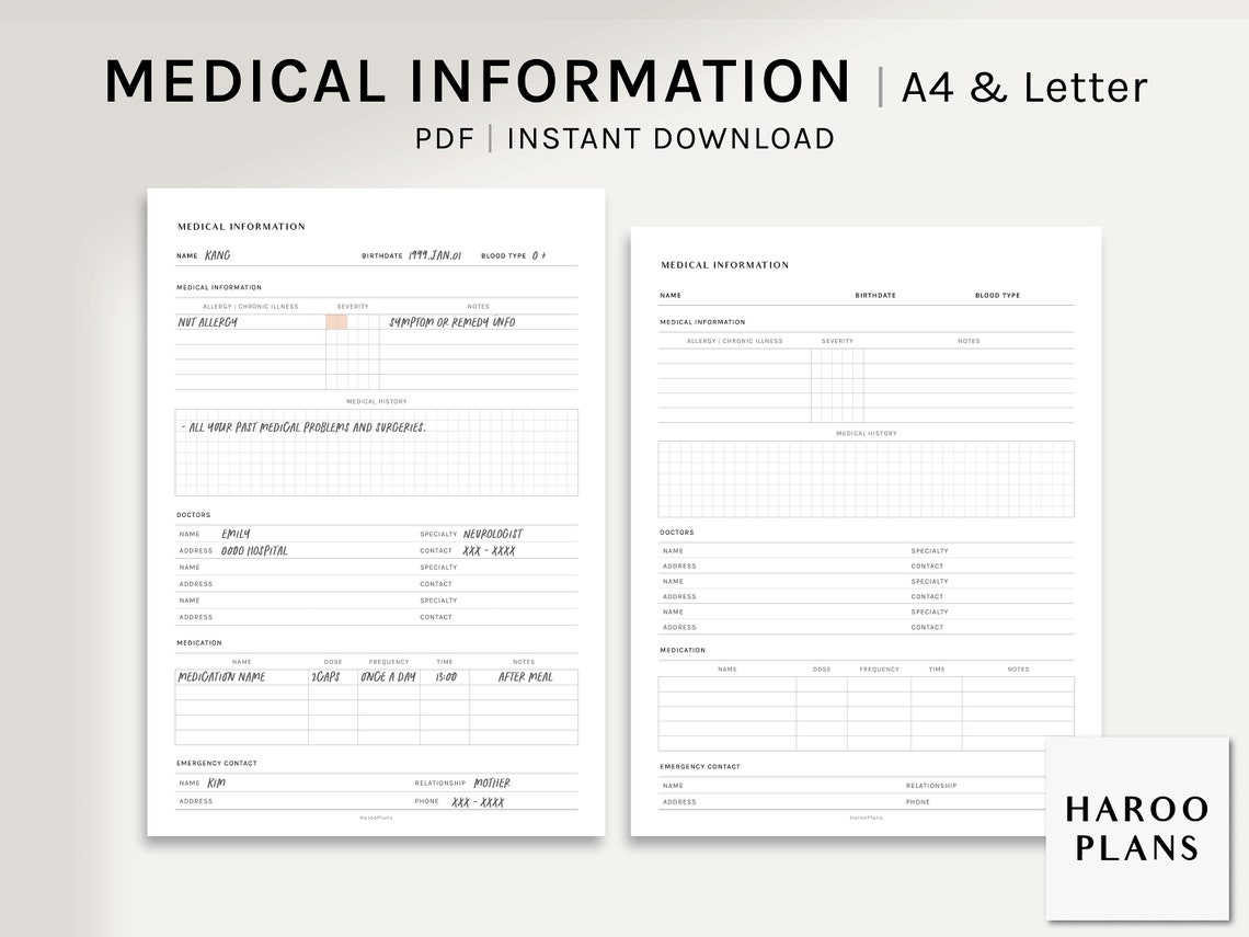 Medical Information | A4, US Letter Printable Planner Inserts | Health ...