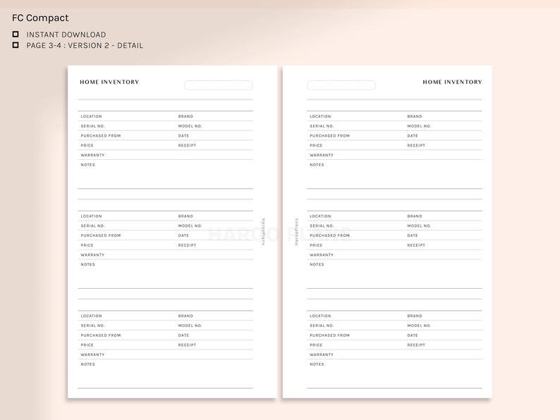 Home Inventory FC Compact Printable Planner Inserts - Etsy