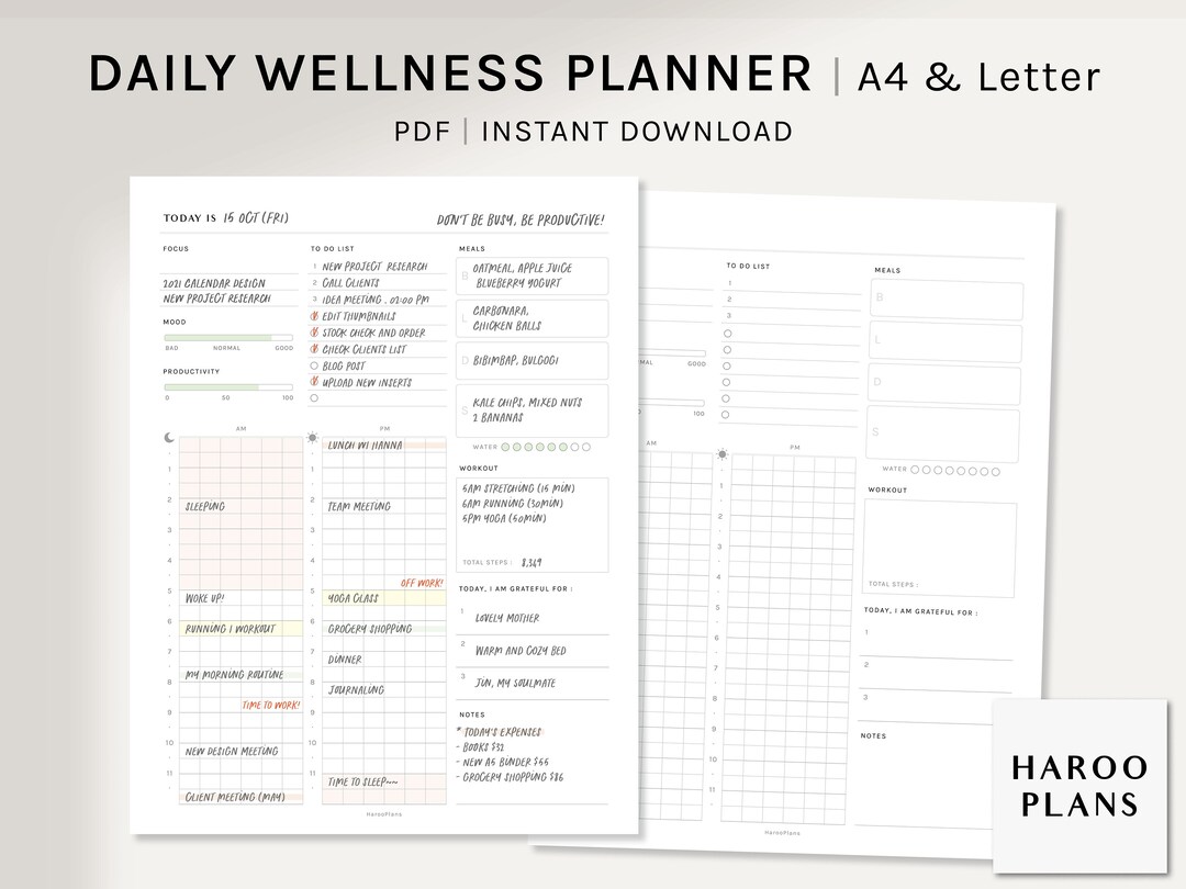 Daily Wellness Planner | A4, US Letter Printable Inserts | Day Schedule ...