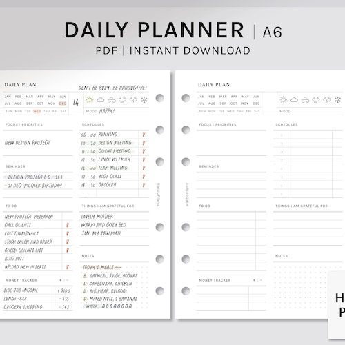Daily Planner A6 Size Printable Inserts Schedule Template - Etsy
