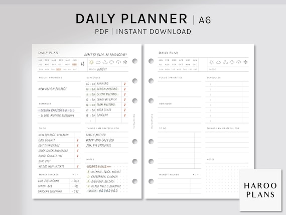 Daily Planner A6 Size Printable Inserts Schedule Template | Etsy
