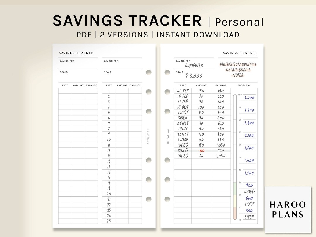 Savings Tracker | Personal Size Printable Planner Inserts | Financial ...